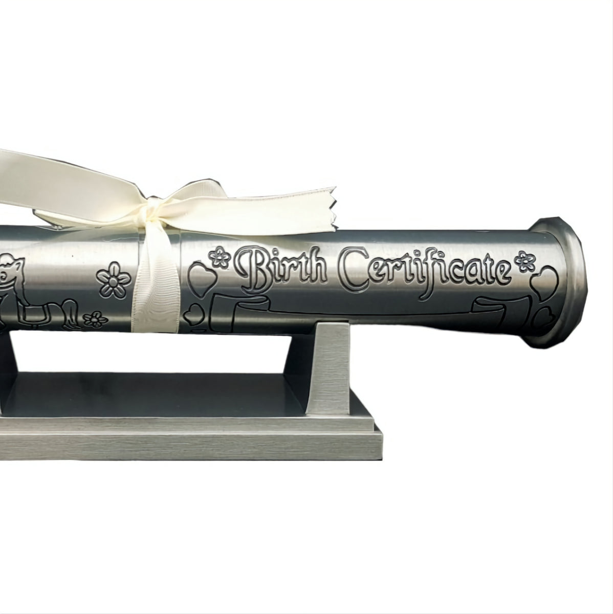 Silver Pewter Baby Birth Certificate Holder & Stand In Satin Gift Box ...
