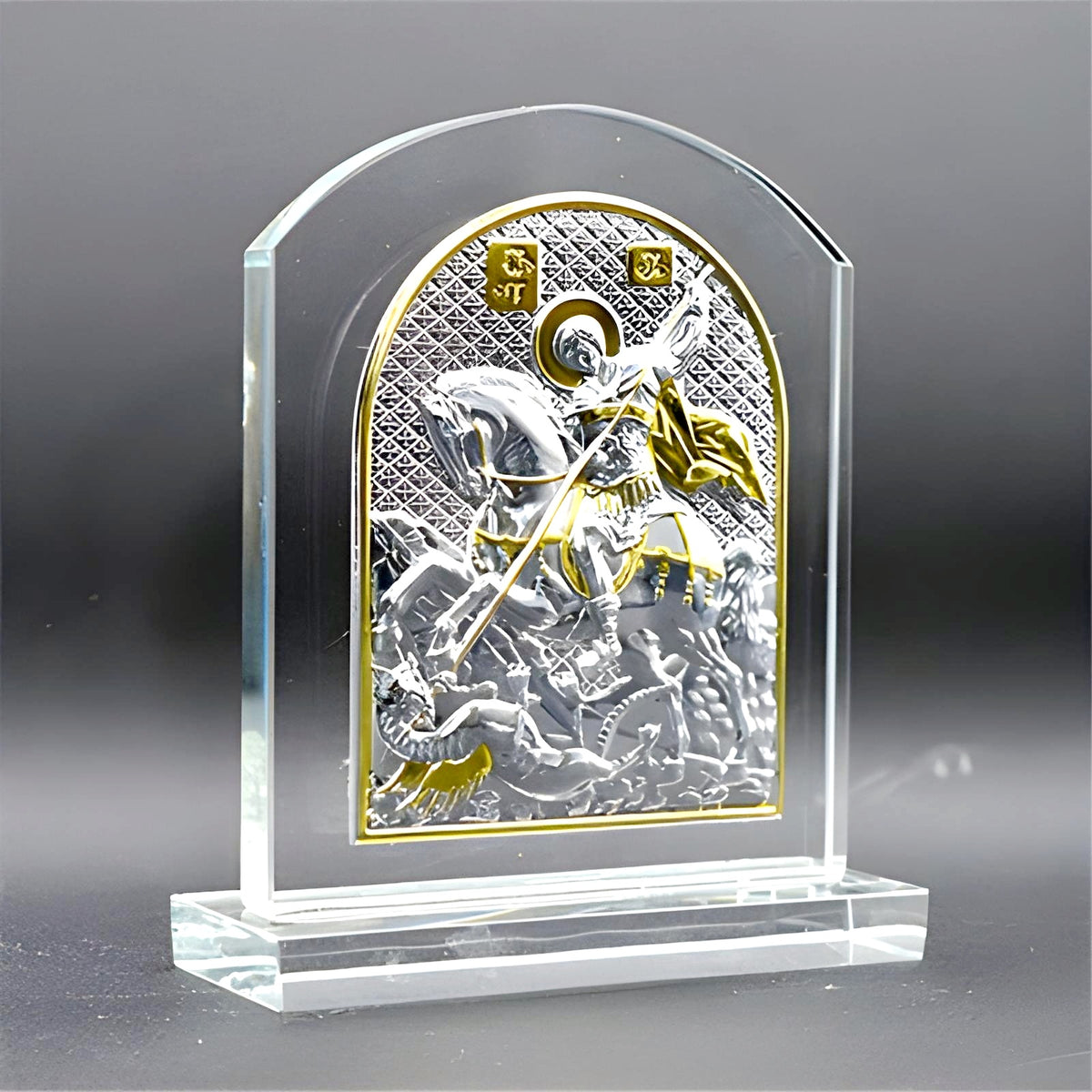 Orthodox Gold & Silver Plated Saint George Glass Icon Plaque Stand ...
