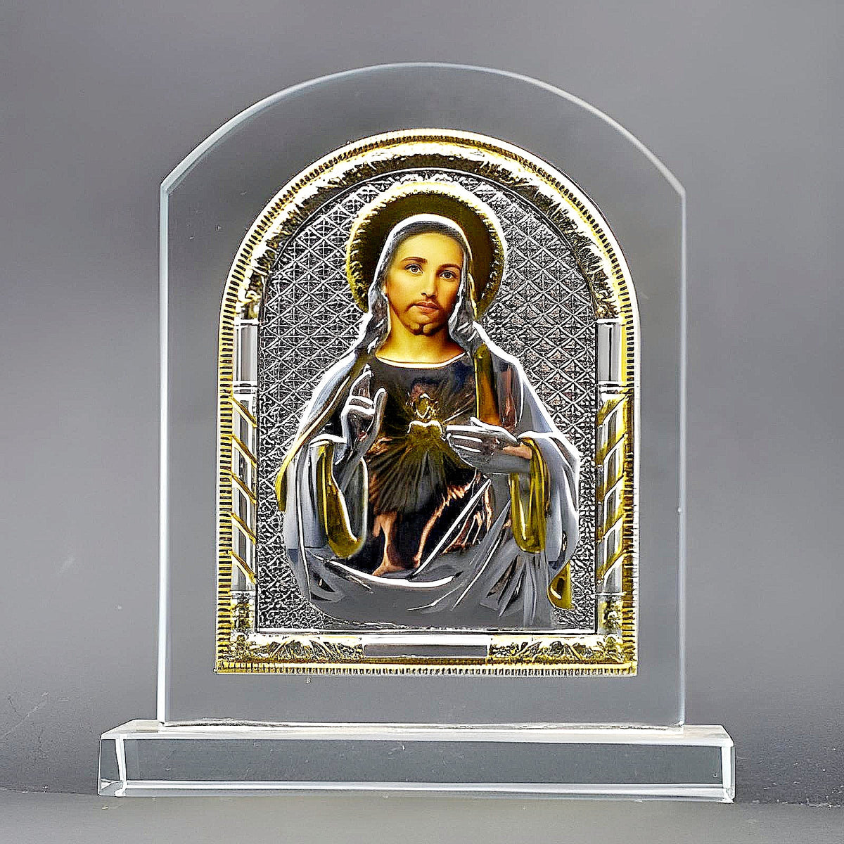 Catholic Silver & Gold Plated Sacred Heart Jesus Christ Icon On Glass ...