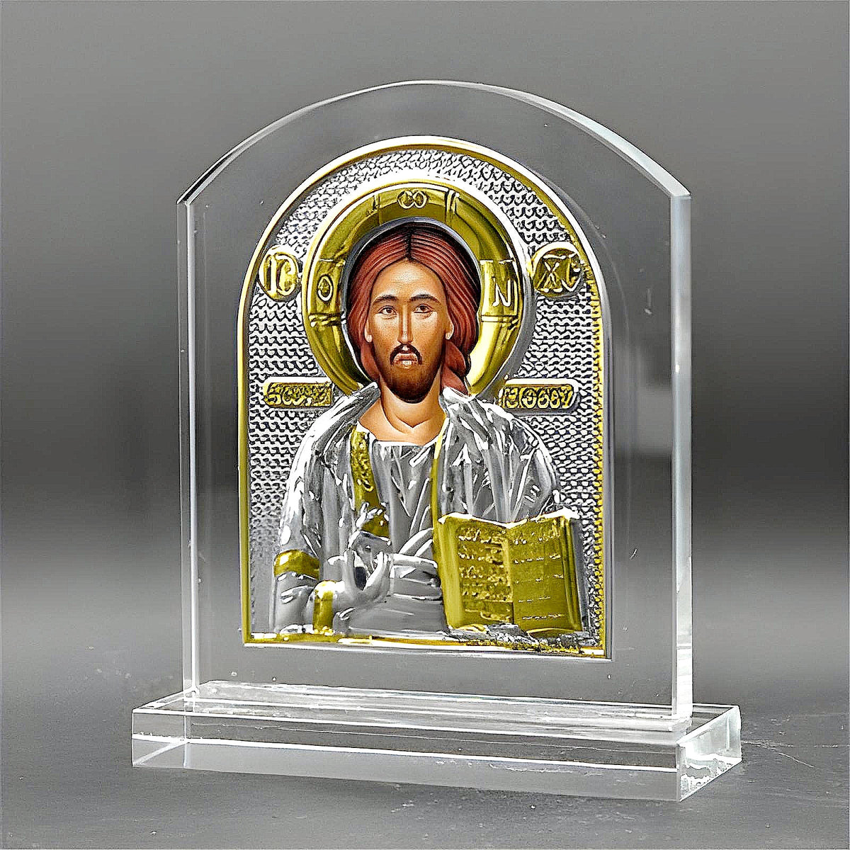 Orthodox Silver & Gold Plated Jesus Christ Icon On Glass Plaque Stand ...